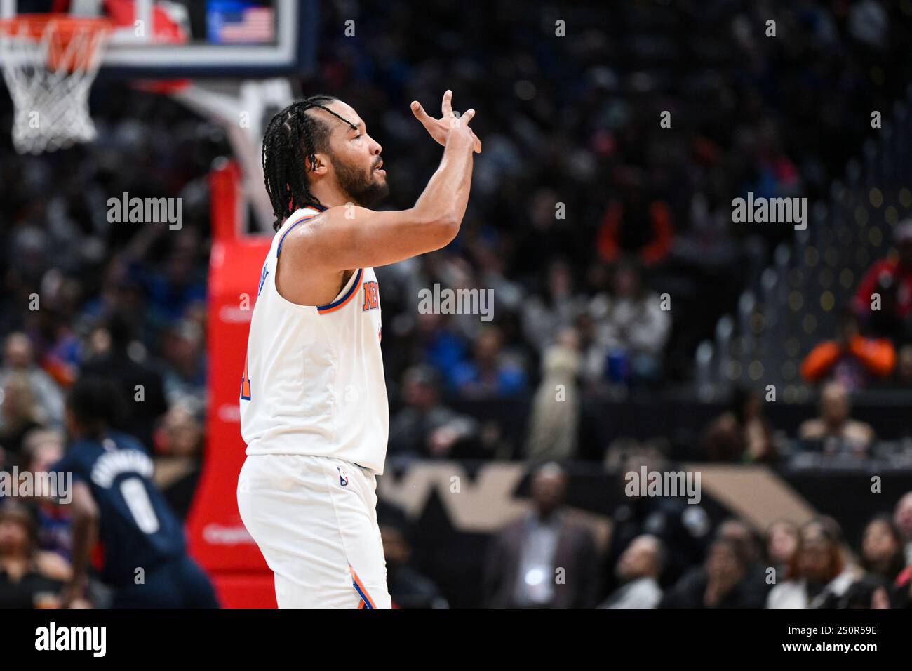 New York Knicks guard Jalen Brunson gestures after making a three-point ...