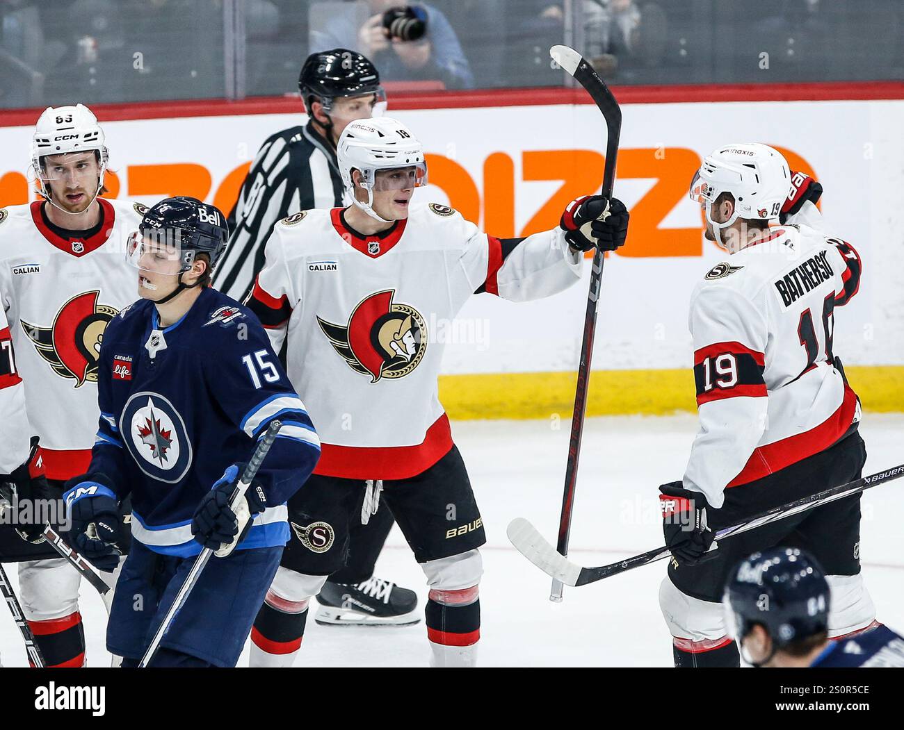 Ottawa Senators' Tim Stutzle (18) and Drake Batherson (19) celebrate ...