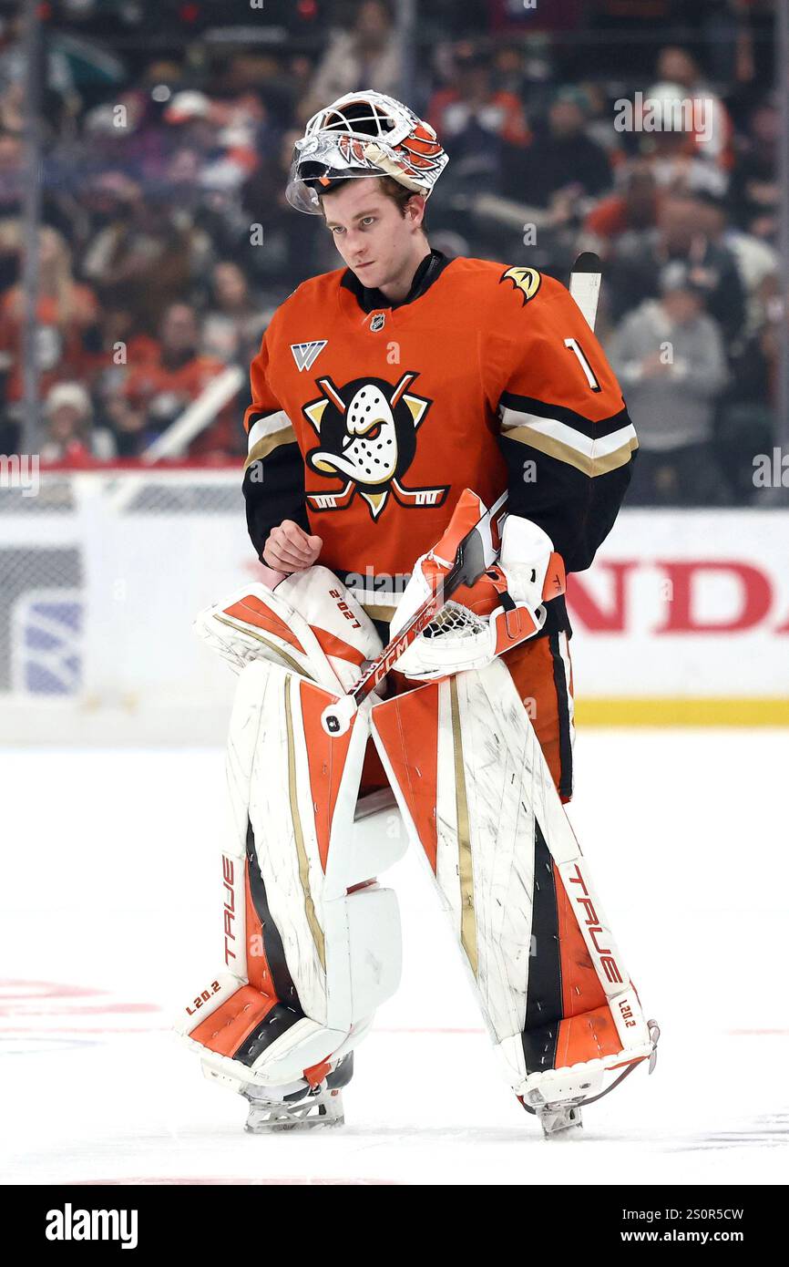 Anaheim Ducks goaltender Lukas Dostal (1) skates during the second ...