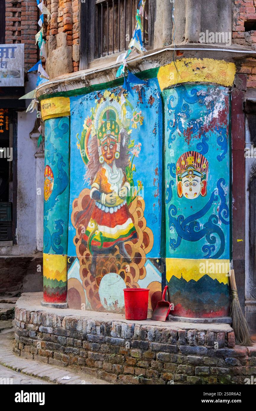 Artwork on the facade of a house inspired by Hindu gods, Dhulikhel ...
