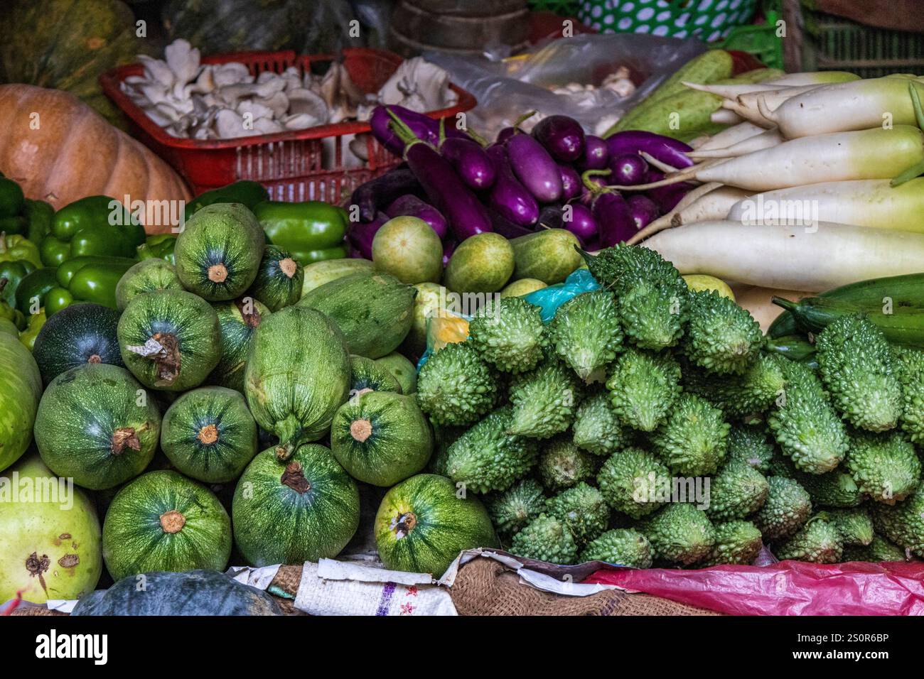 Nepalese produce, vegetables, on display in a shop, Dhulikhel, Nepal ...