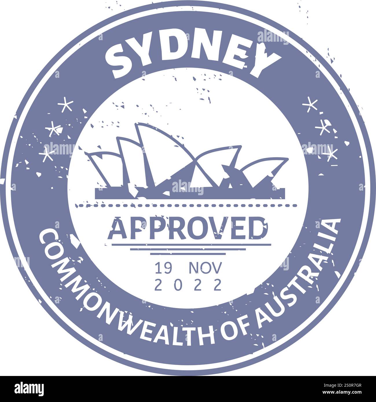 Grunge rubber stamp imitation featuring the Sydney Opera House with the ...