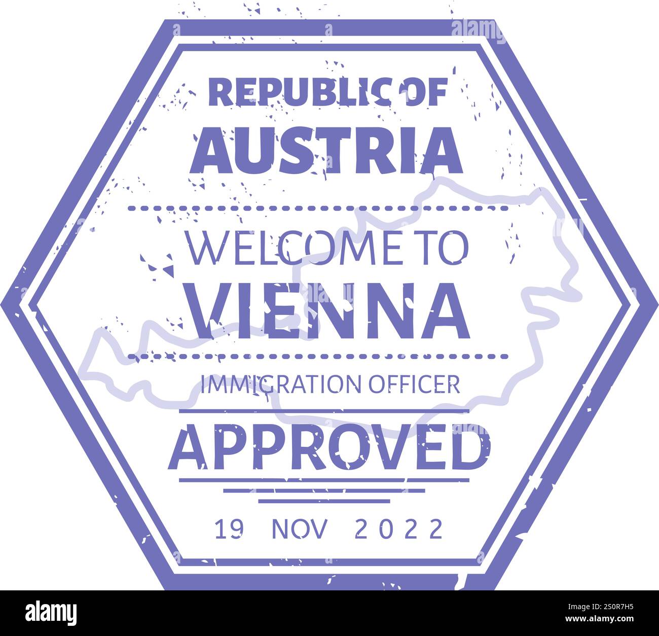 Hexagonal immigration stamp with the contour of Austria welcoming ...