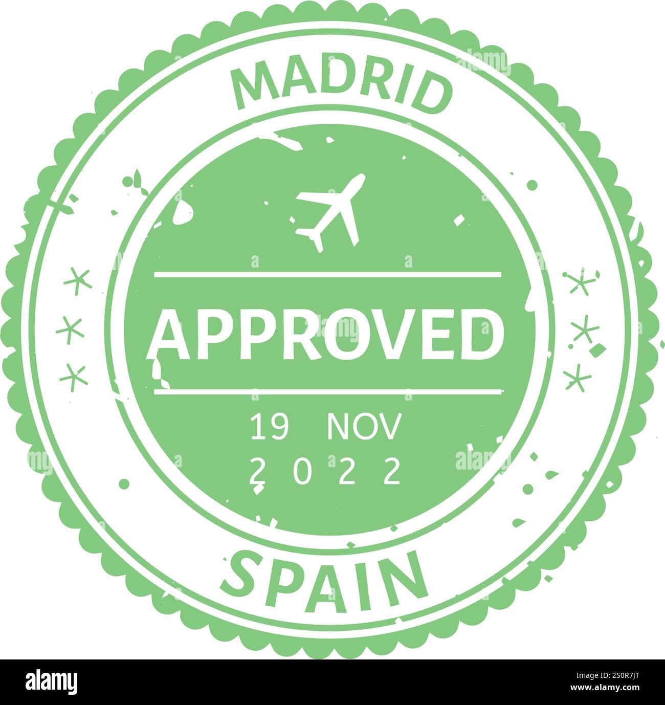 Round green immigration visa stamp for Madrid, Spain, with airplane ...