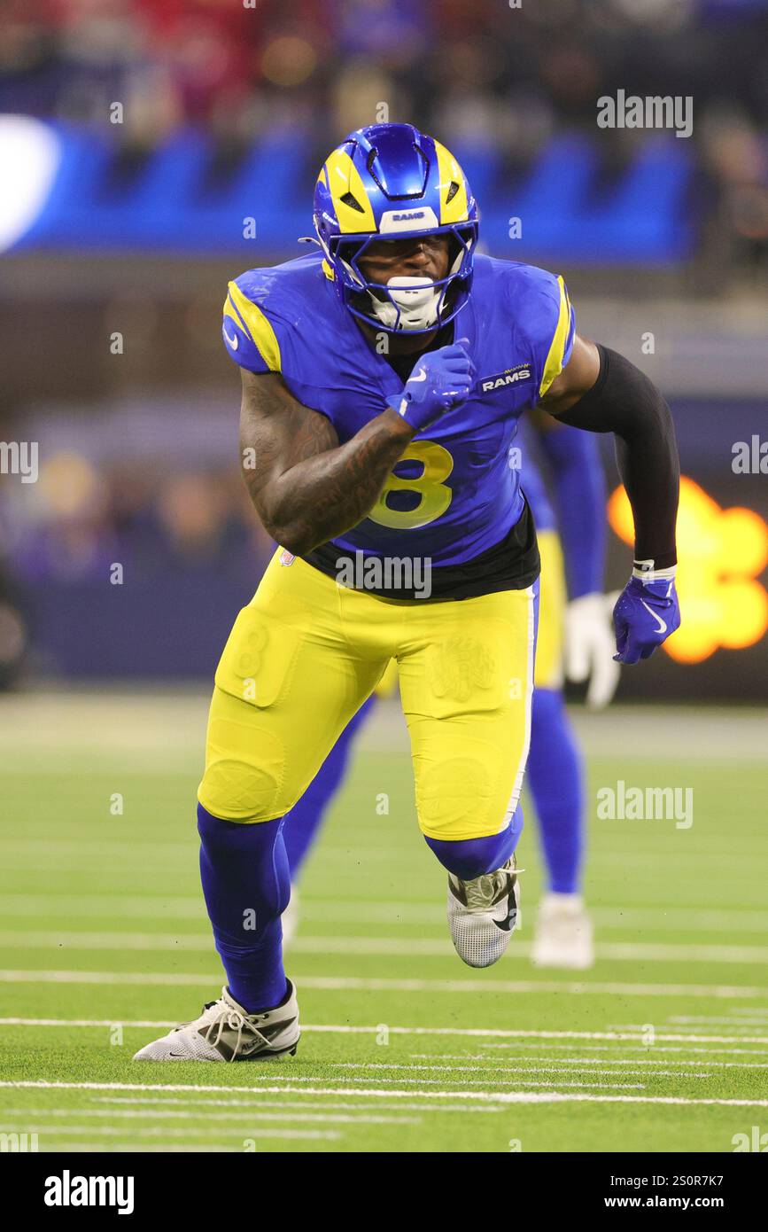Los Angeles Rams linebacker Jared Verse (8) defends during the first ...