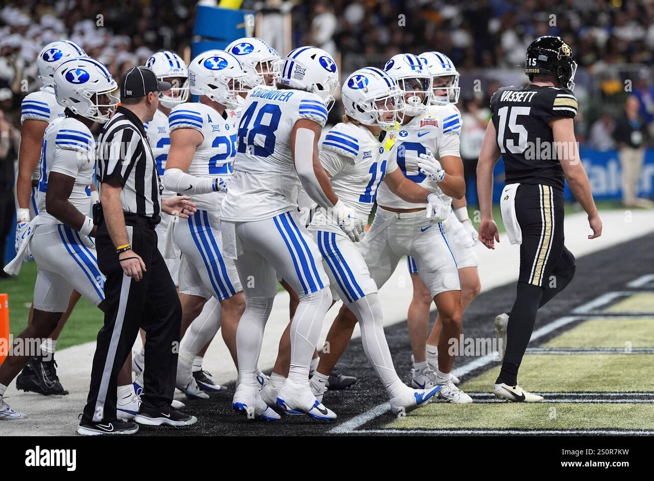 BYU wide receiver Parker Kingston (11) and teammates celebrate after he ...