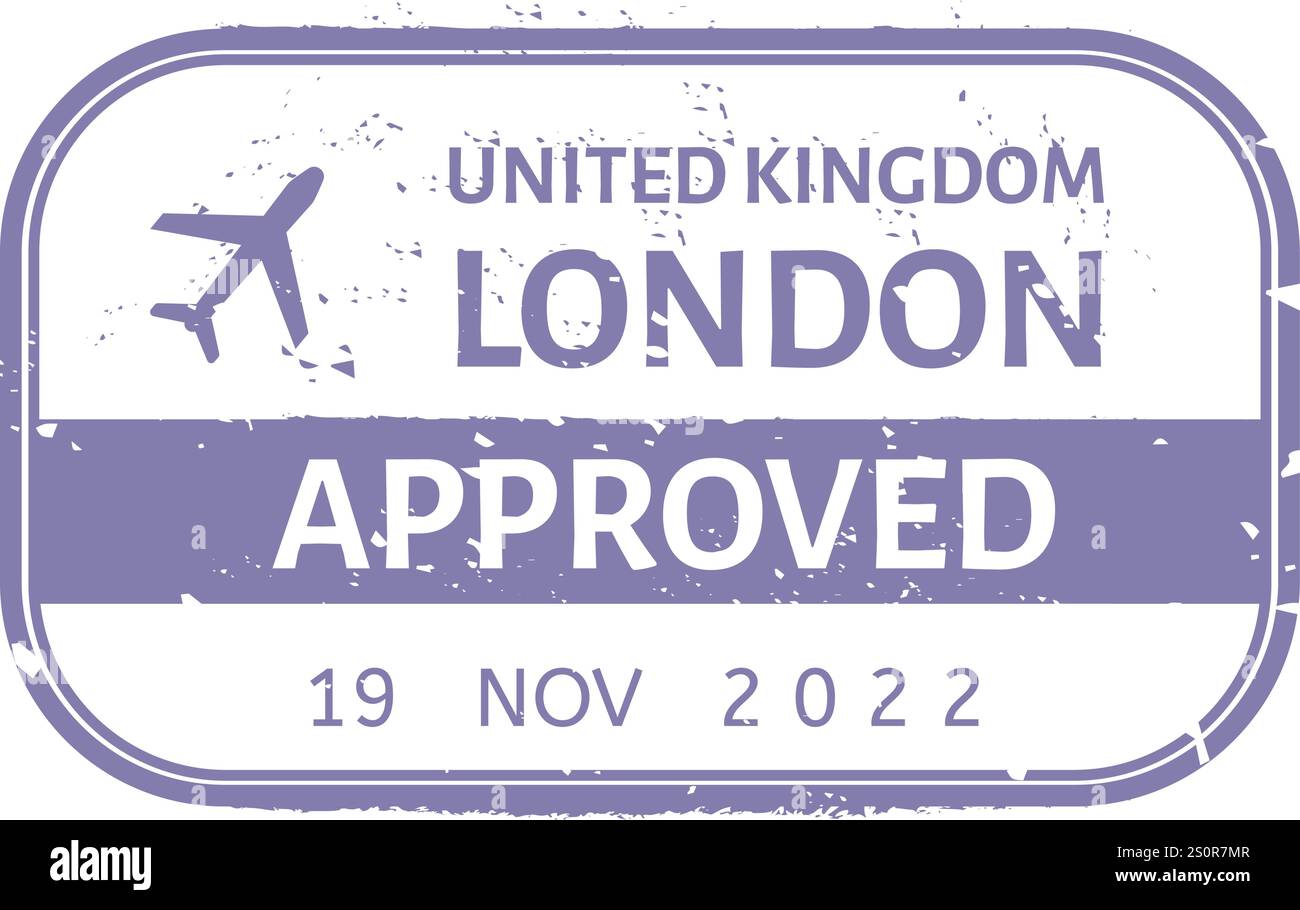 Purple grunge rubber stamp with the text London United Kingdom approved ...