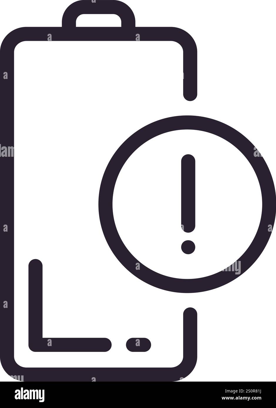 Simple black and white vector icon of a battery with an exclamation ...
