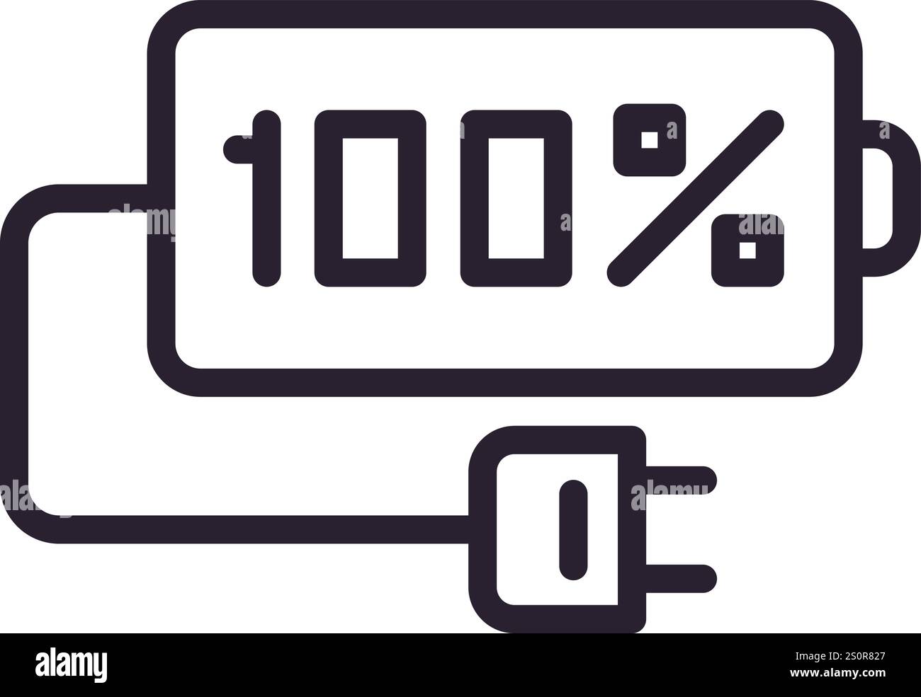 Simple line drawing of a battery icon displaying a full one hundred ...