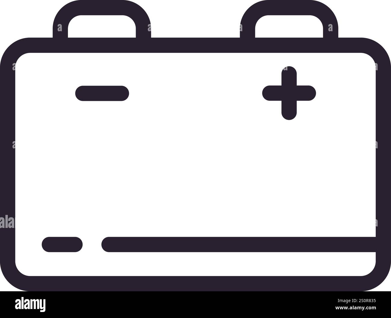 Simple line drawing depicting a car battery featuring clearly marked ...
