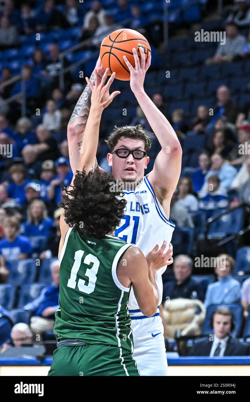 DECEMBER 28, 2024: Saint Louis Billikens center Robbie Avila (21) looks ...