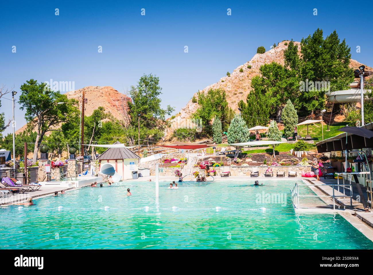 Thermopolis, WY USA - August 22, 2017: People swimming in the outdoor ...