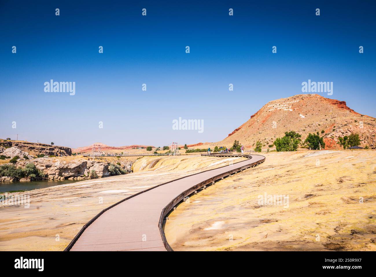 Thermopolis WY USA - August 22, 2017: Boardwalk over mineral pools at ...