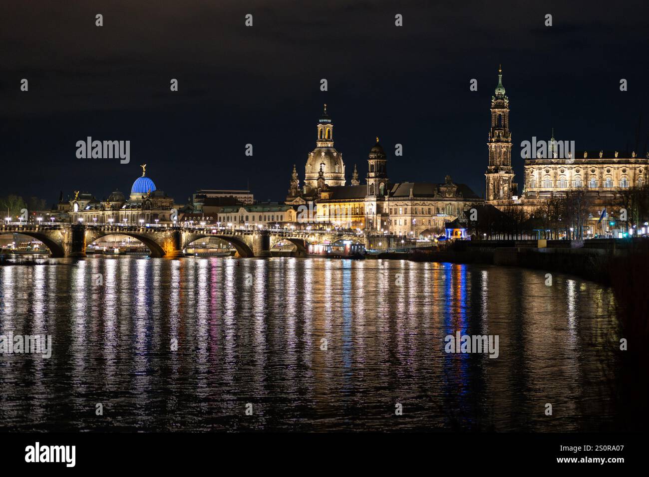 Dresden, Germany old town during the evening. Illuminated buildings ...