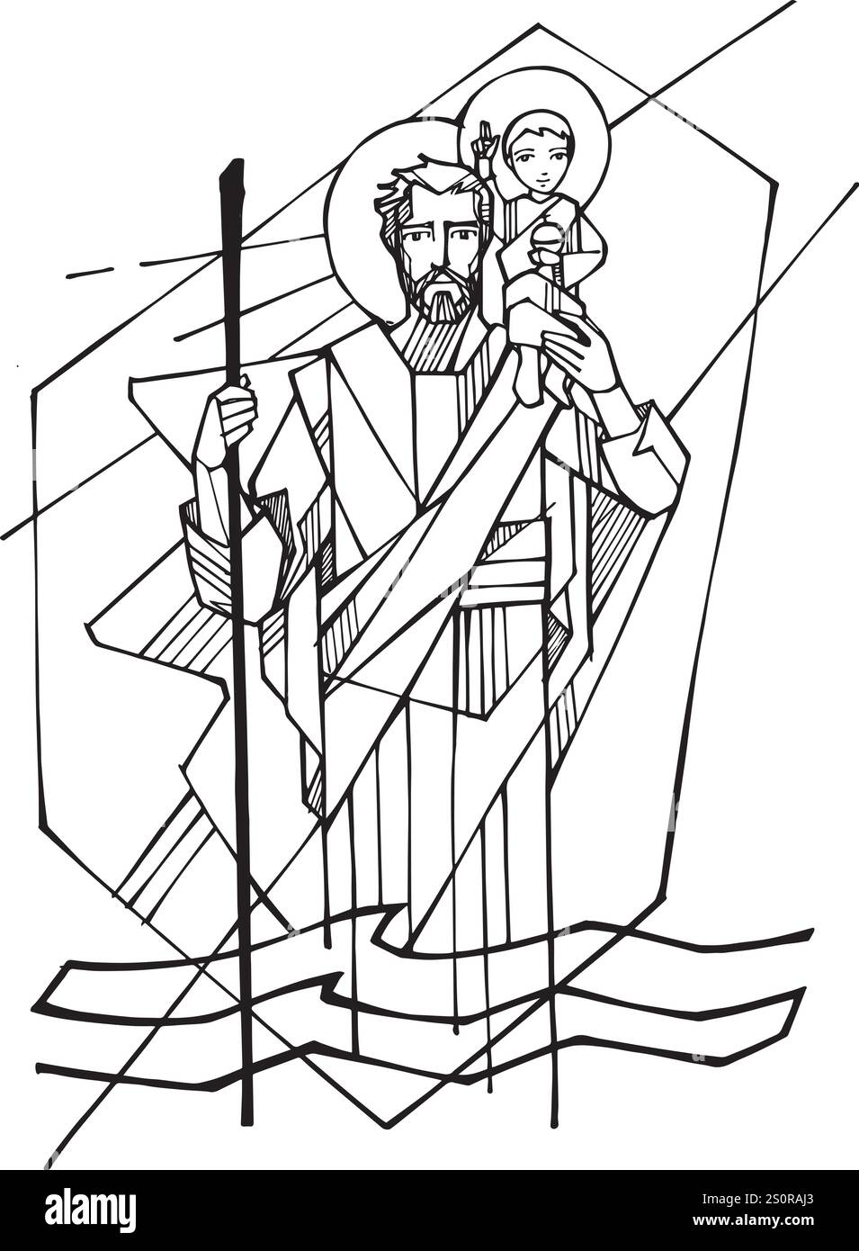 Hand drawn vector illustration or drawing of San Cristobal and baby ...