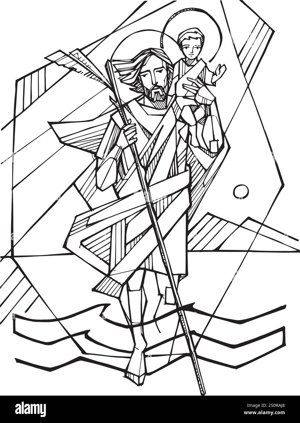Hand drawn vector illustration or drawing of Saint Christopher crossing ...