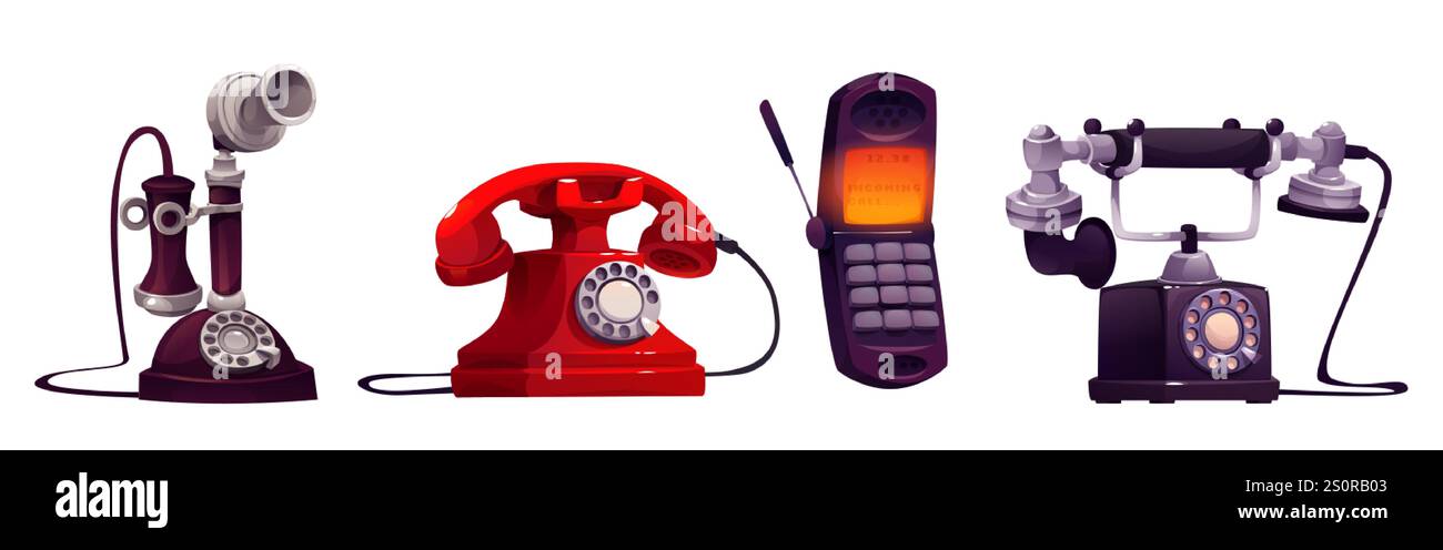 Vintage phone cartoon collection. Retro telecommunication devices ...