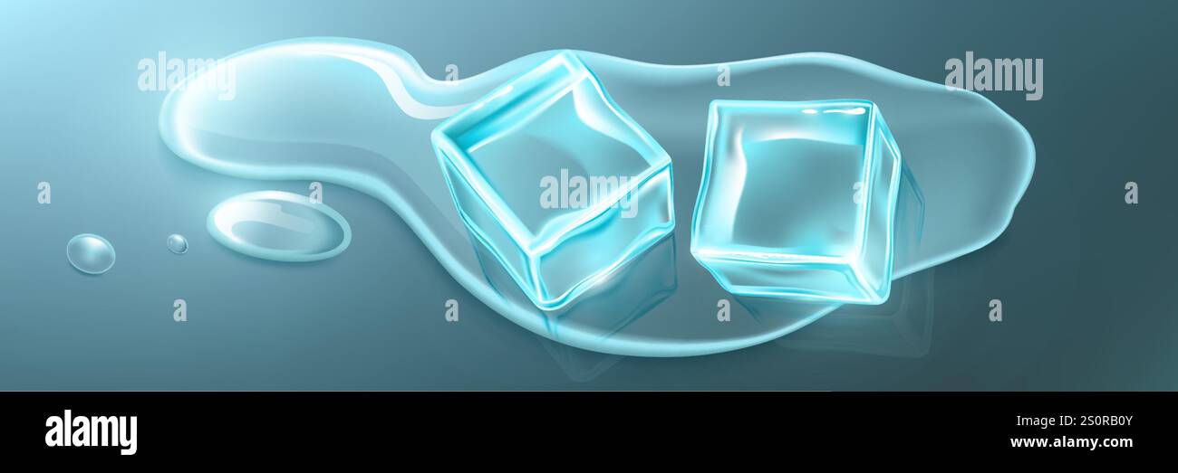 Ice cubes melting on glossy background. Vector realistic illustration of frozen water blocks ...