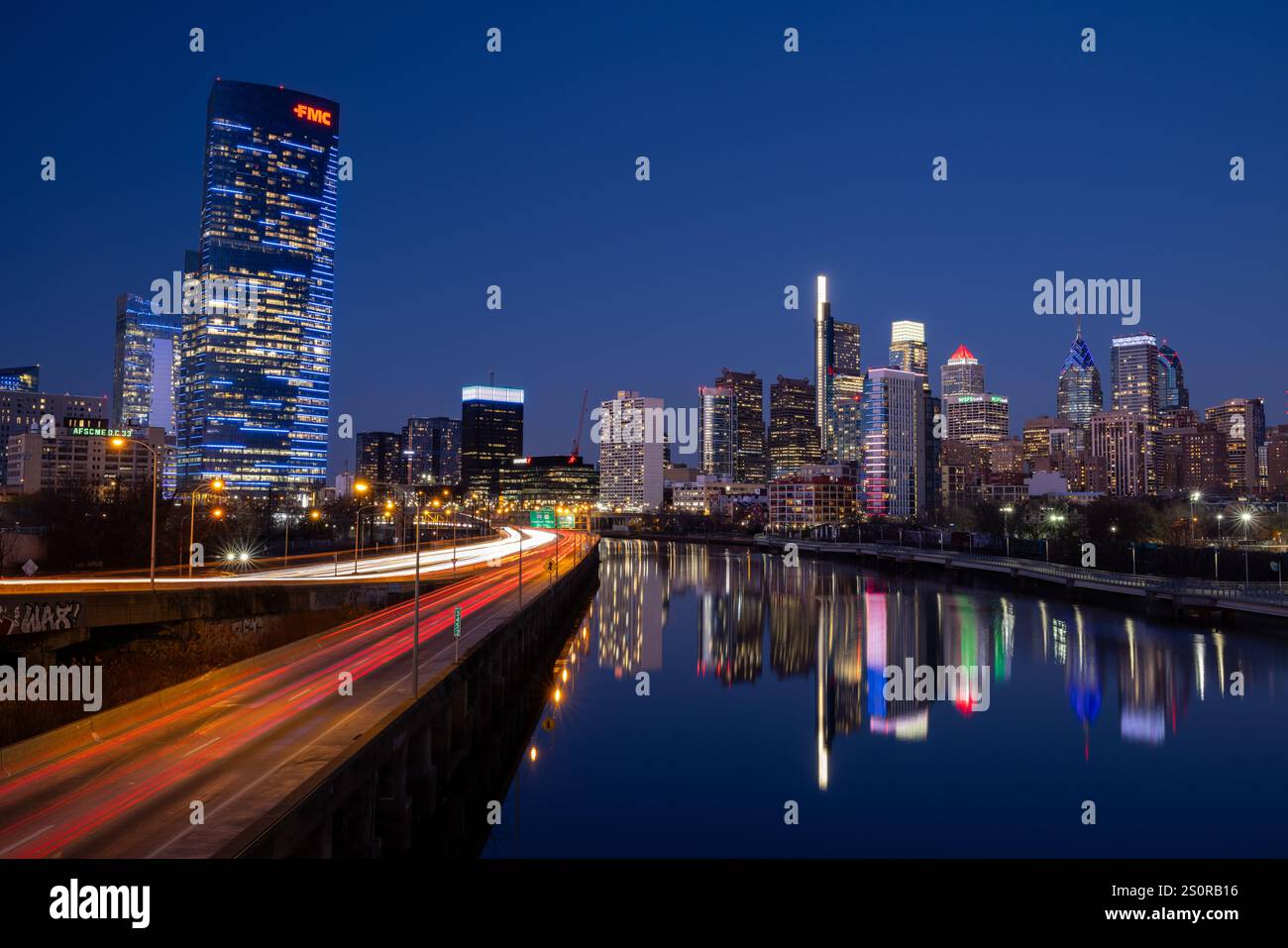 Downtown Philadelphia reflected in the Schuykill River at night ...