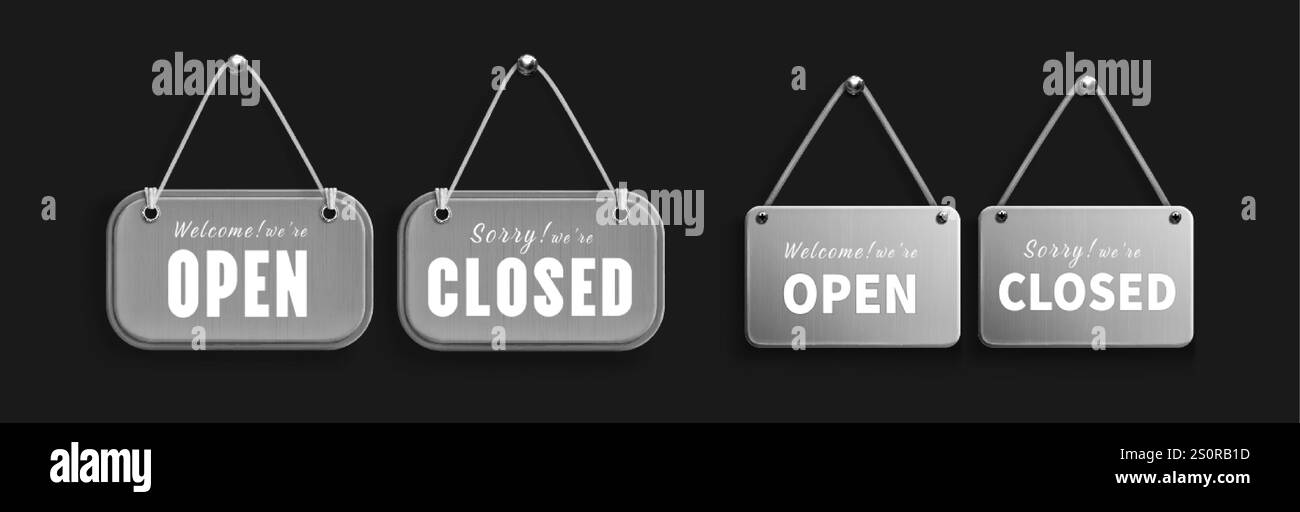 Metallic board signs with open closed status indicators. Realistic 3d ...