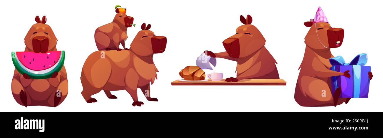 Cute capibara character set. Funny capybara enjoying watermelon slice ...