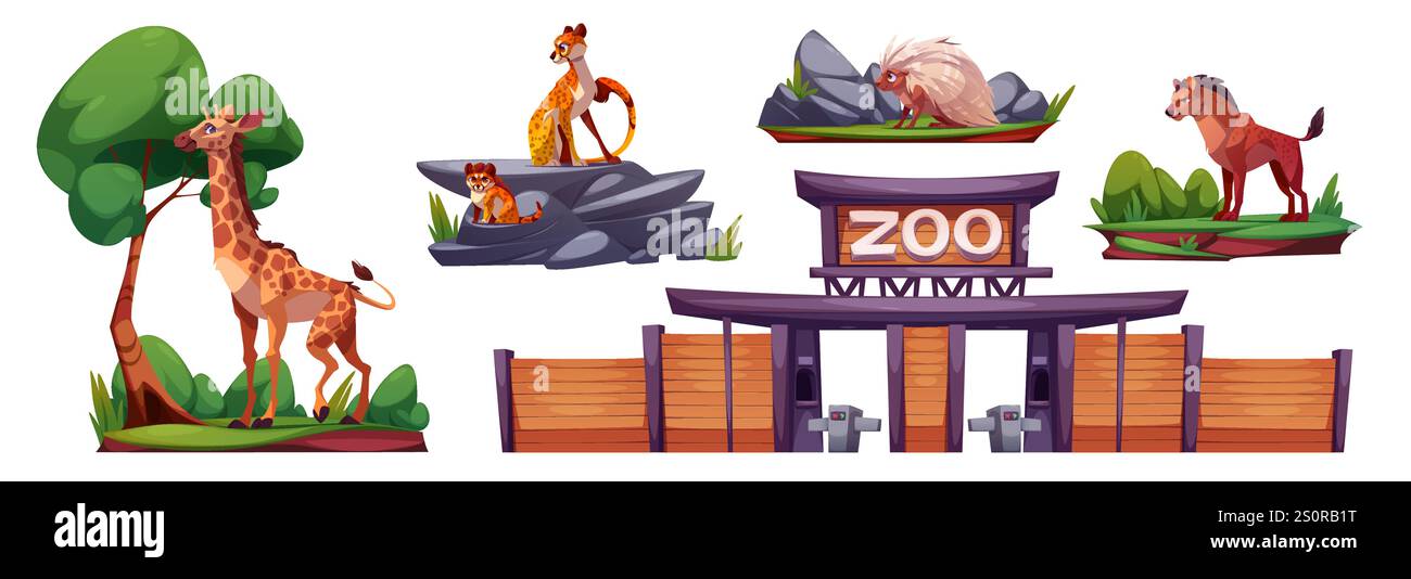 Zoo entrance and African animals set isolated on white background ...