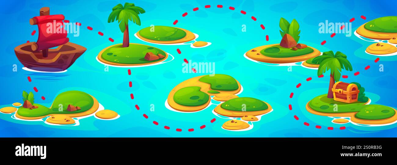 Pirate game map. Vector cartoon illustration of tropical islands with ...