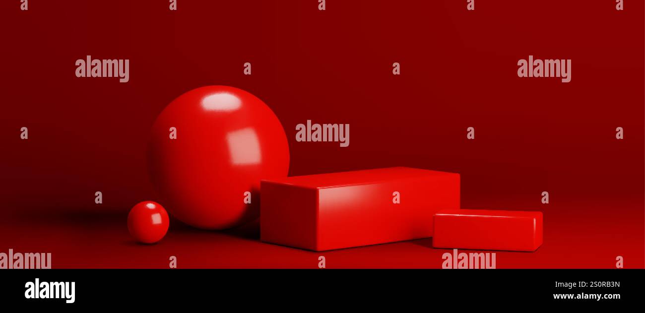 Glossy ball and rectangular block on red background. Vector realistic ...