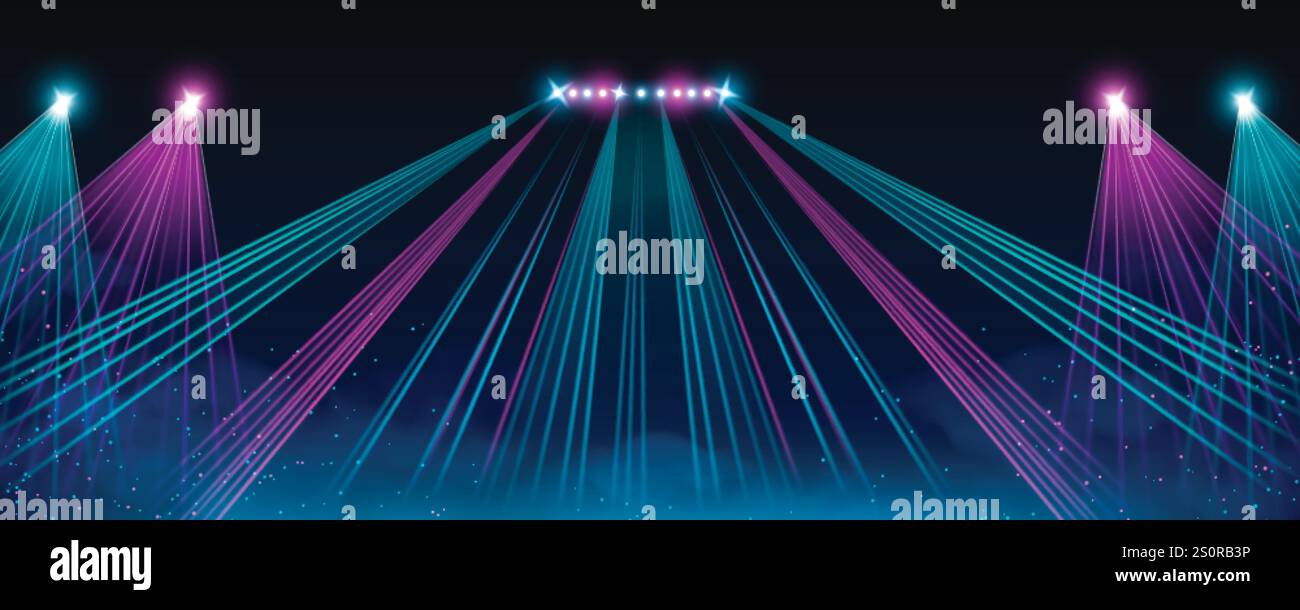 Stage lighting performance scene - dazzling spotlights with blue and ...