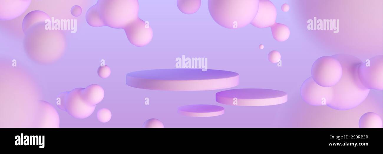 Three floating circular podiums surrounded by soft spherical blobs ...