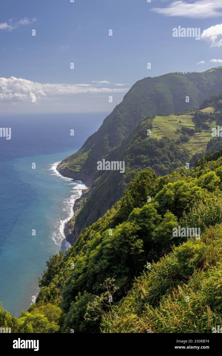 Steep cliffs seen from Miradouro da Ponta do Sossego, Nordeste, Azores ...