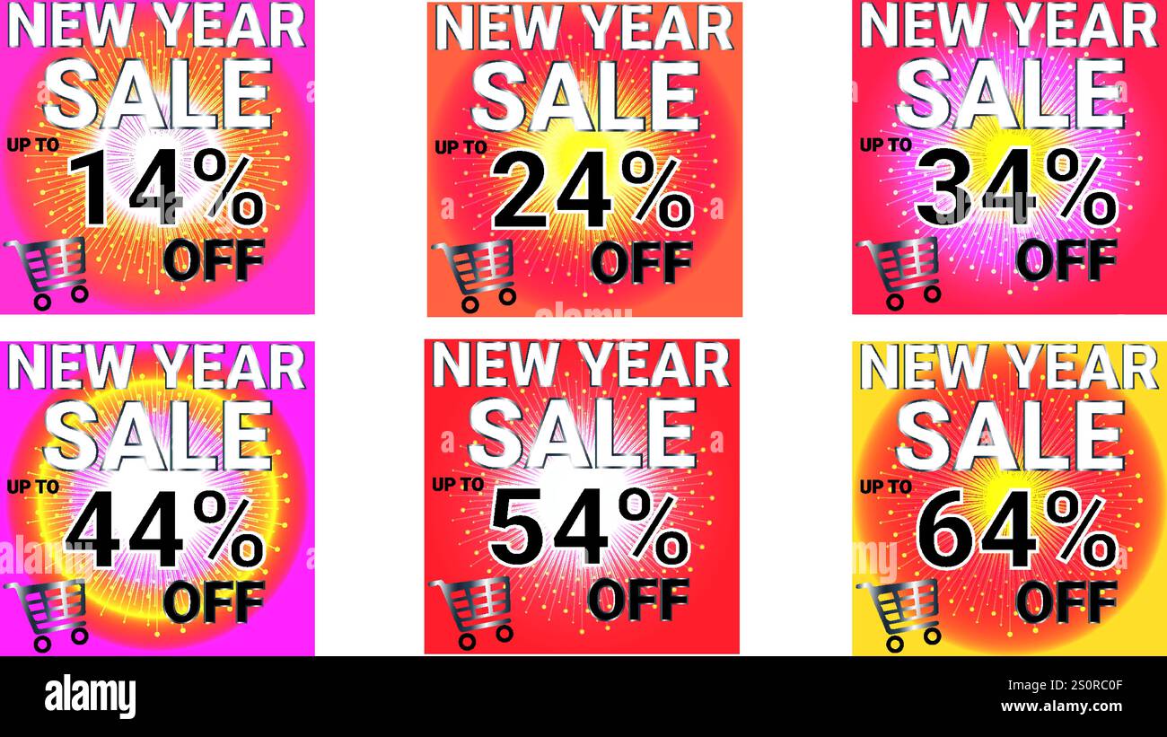 New year sale up to 14 24 34 44 54 and 64 percent off banners set of ...