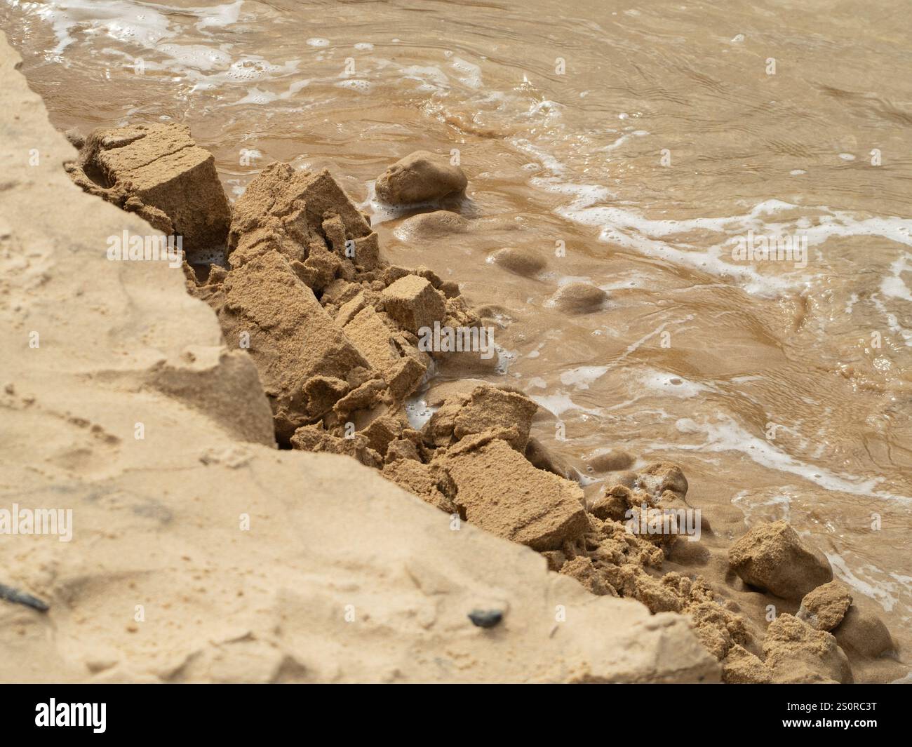 Sand eroding from the beach, crumbling and falling down into big clumps ...