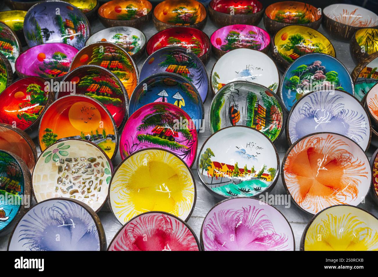Decorative bowls made of coconut shells at the night market in Hoi An ...