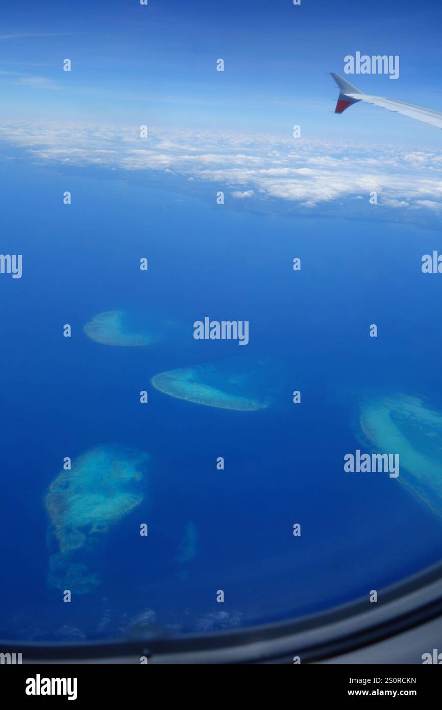 Flying over coral reefs, Great Barrier Reef, Queensland, Australia. No ...