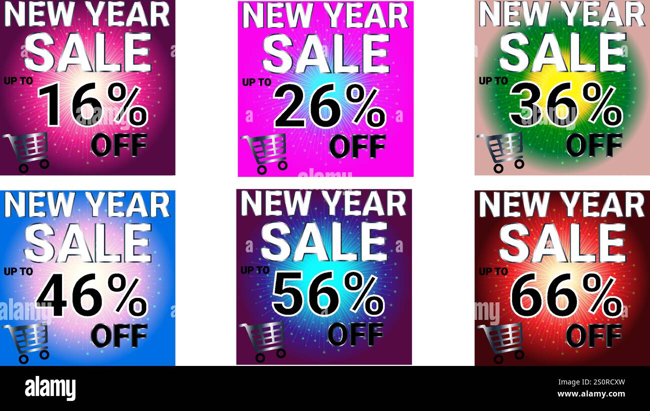 New year sale up to 16 26 36 46 56 and 66 percent off banners set of ...
