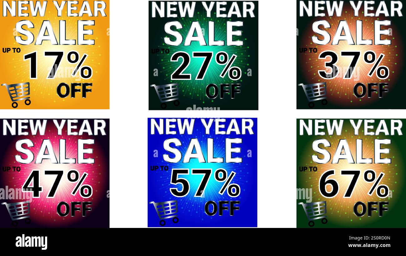 New year sale up to 17 27 37 47 57 and 67 percent off banners set of ...