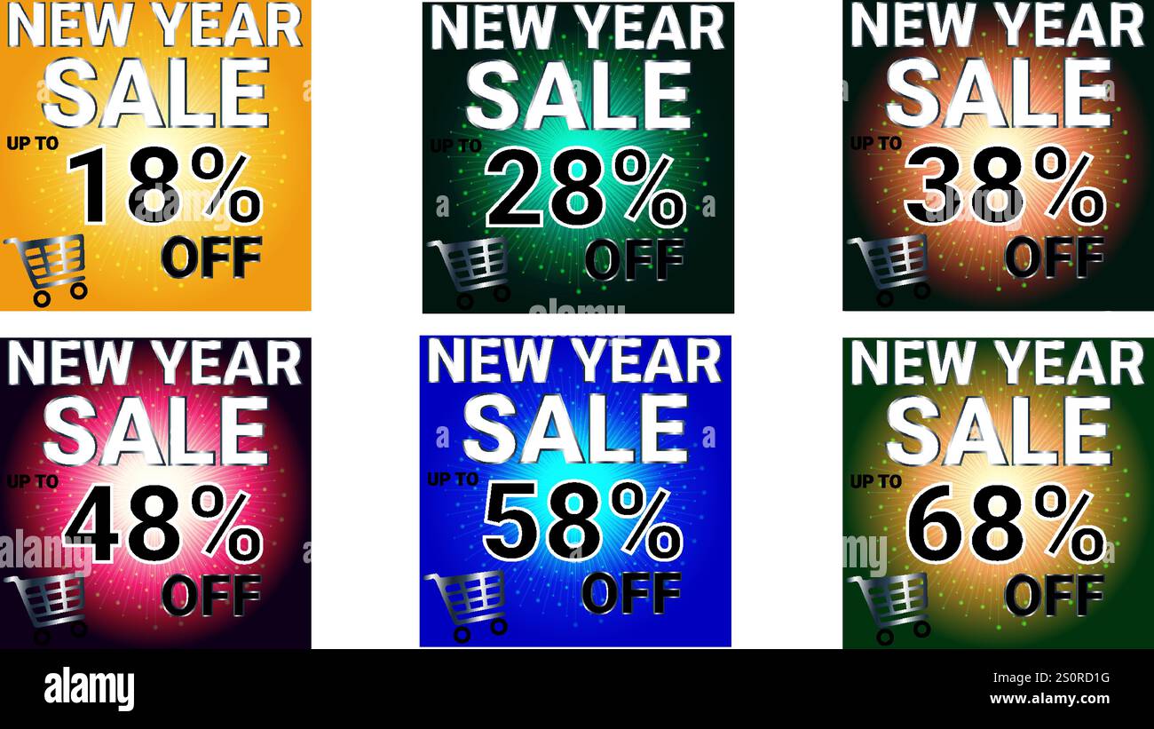 New year sale up to 18 28 38 48 58 and 68 percent off banners set of ...