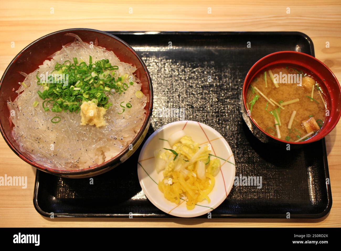 Japanese cuisine: raw whitebait rice bowl, miso soup and tsukemono in ...