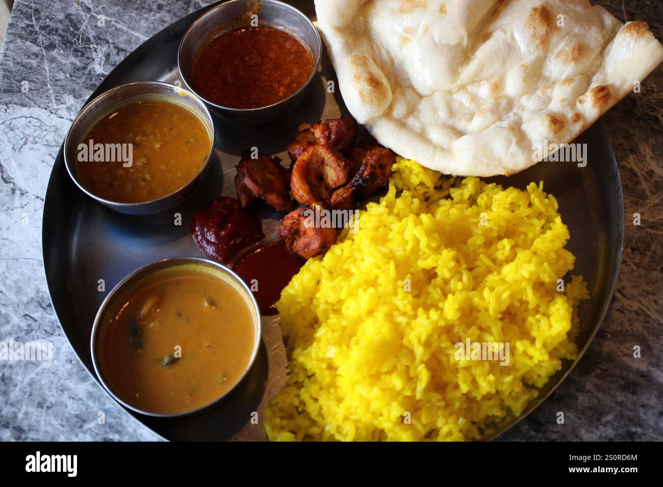 Indian cuisine: curry lunch plate (chicken keema curry, seafood curry ...