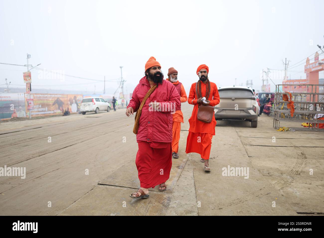 Holy men sage walk at the mela ground area at bank of Sangam confluence ...