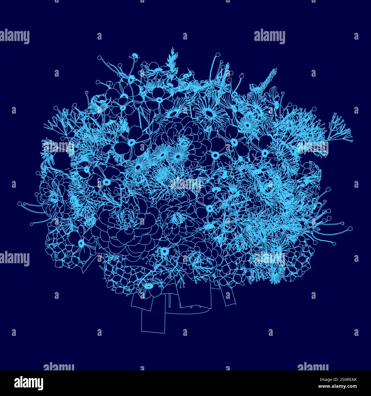 Blue flower bouquet with a blue background. The flowers are in various ...