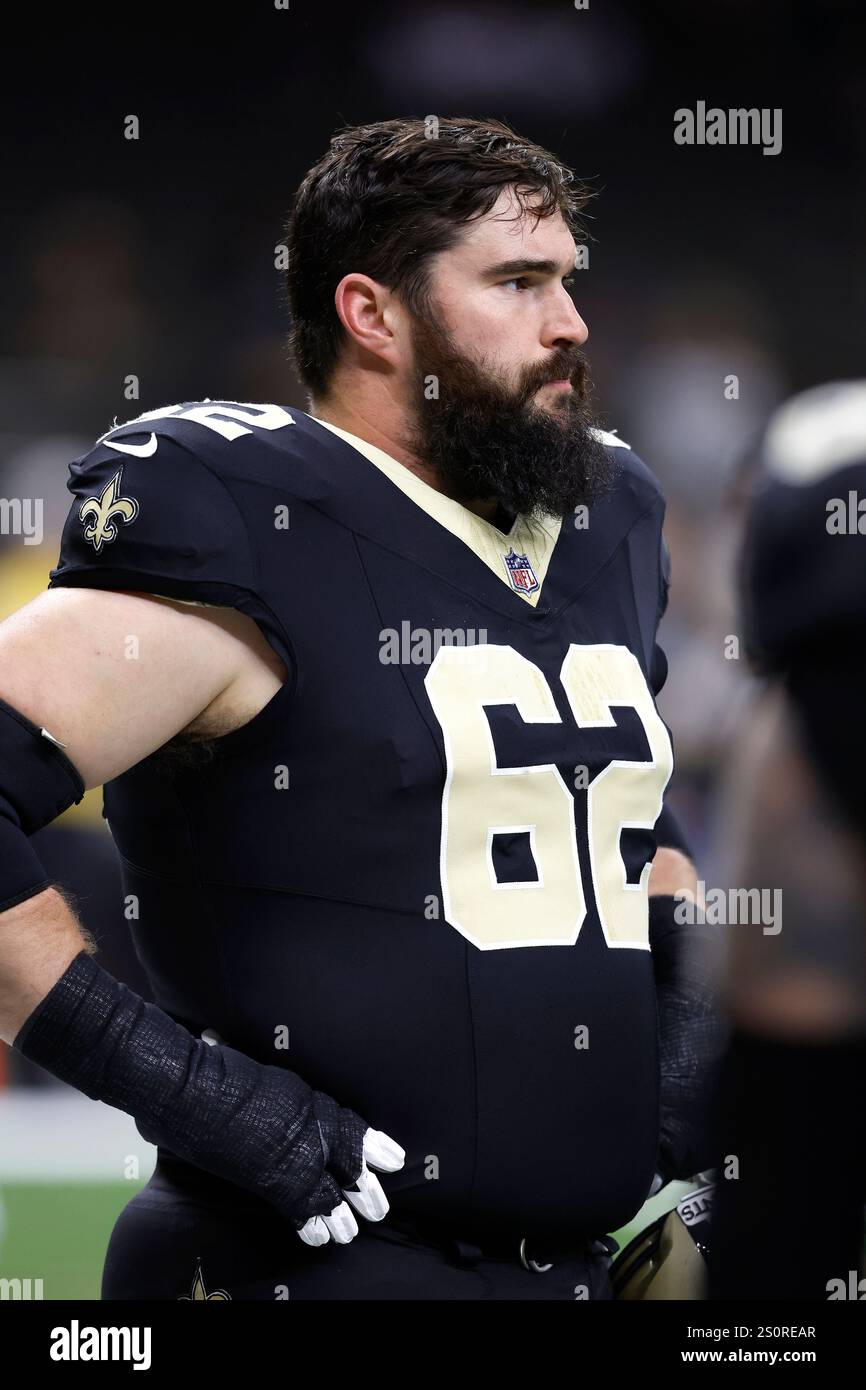 New Orleans Saints guard Lucas Patrick (62) warms up before an NFL ...