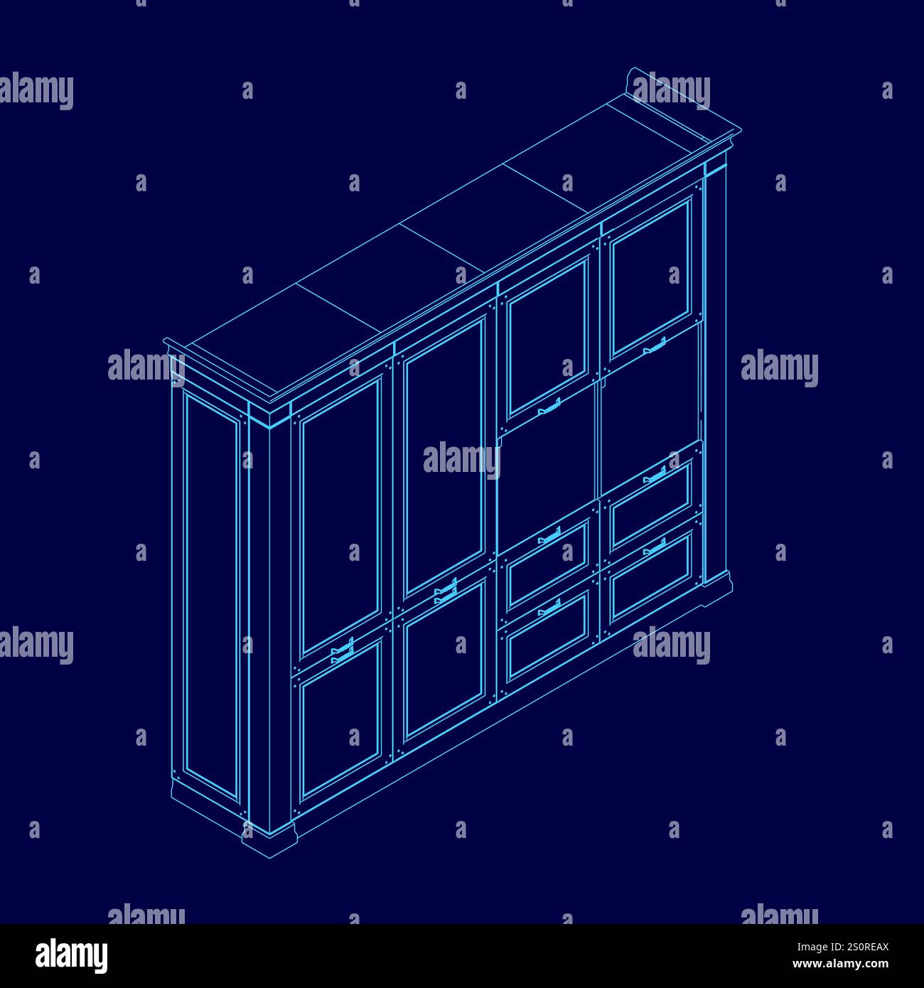 Blue drawing of a cabinet with a blue border. The cabinet has a lot of ...