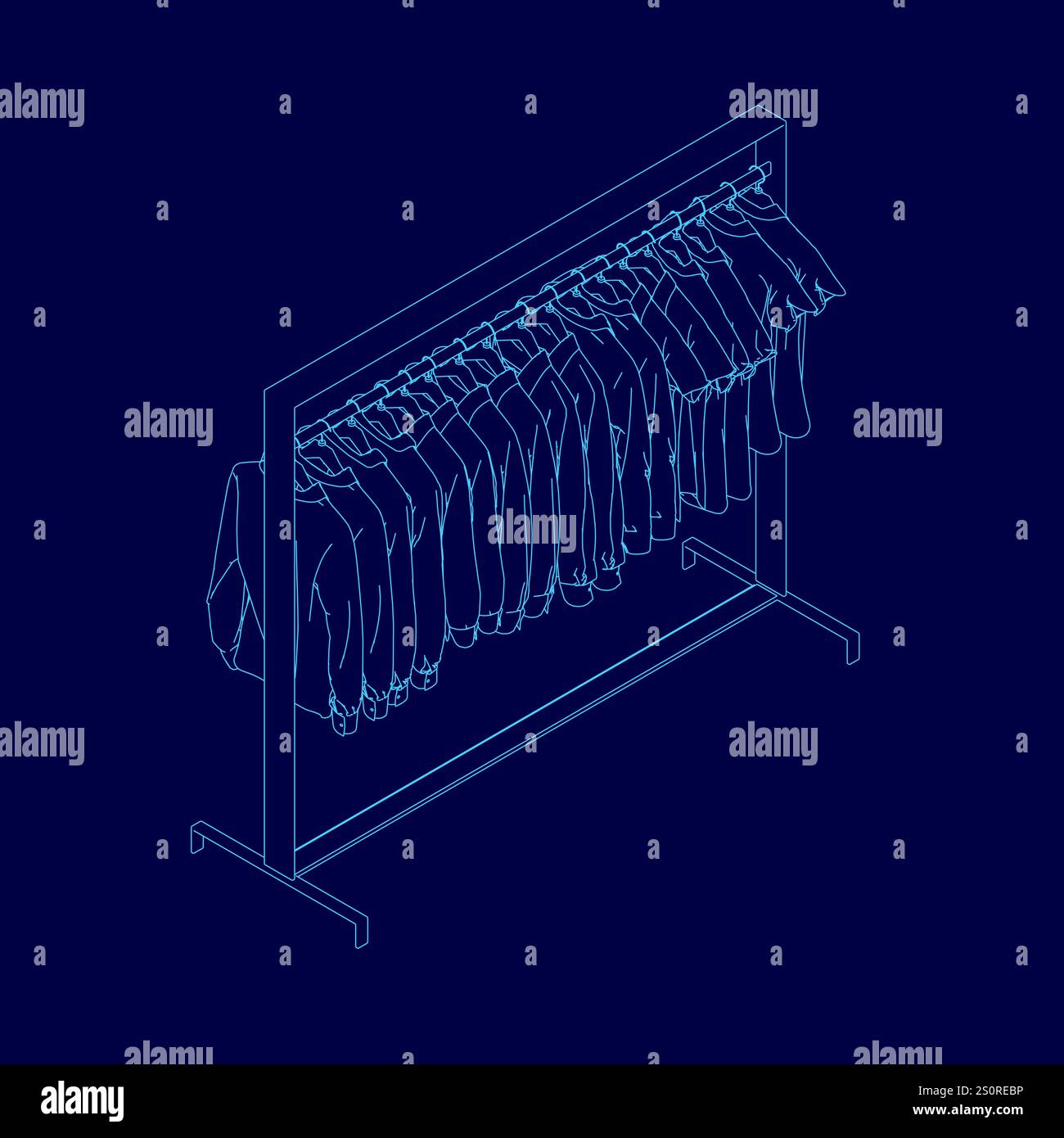 Blue image of a clothes rack with clothes hanging on it. The clothes ...
