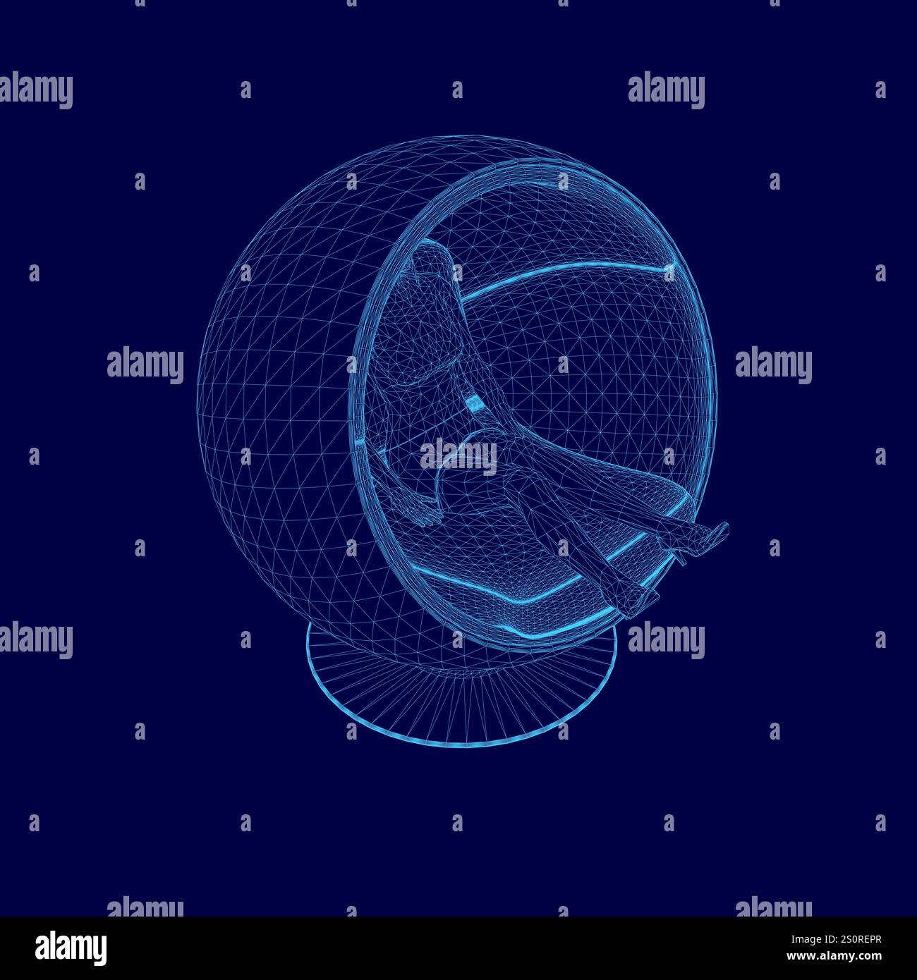 Blue sphere with a person inside of it. The sphere is a chair with a ...