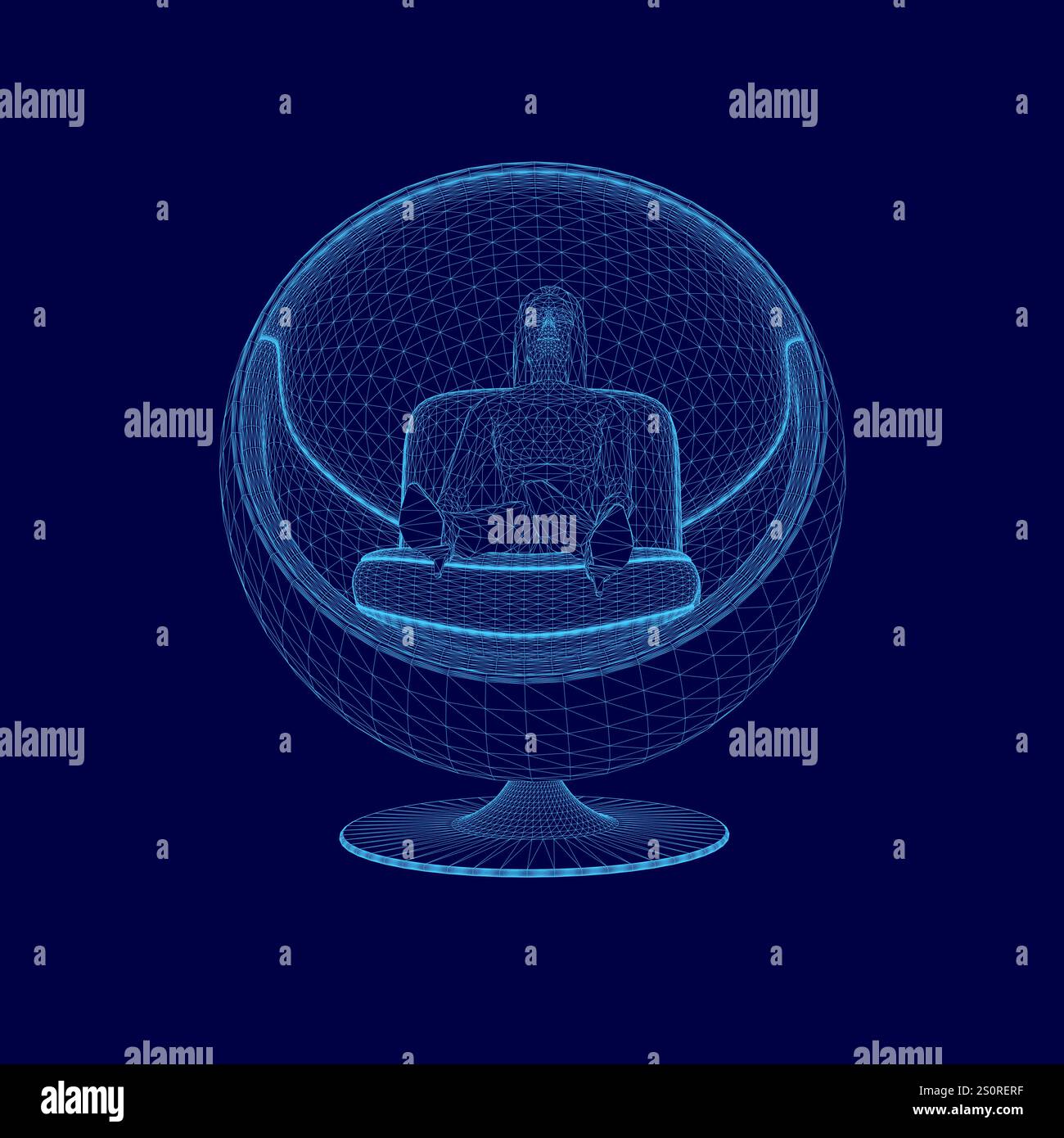 Blue sphere with a person sitting in it. The sphere is illuminated and ...