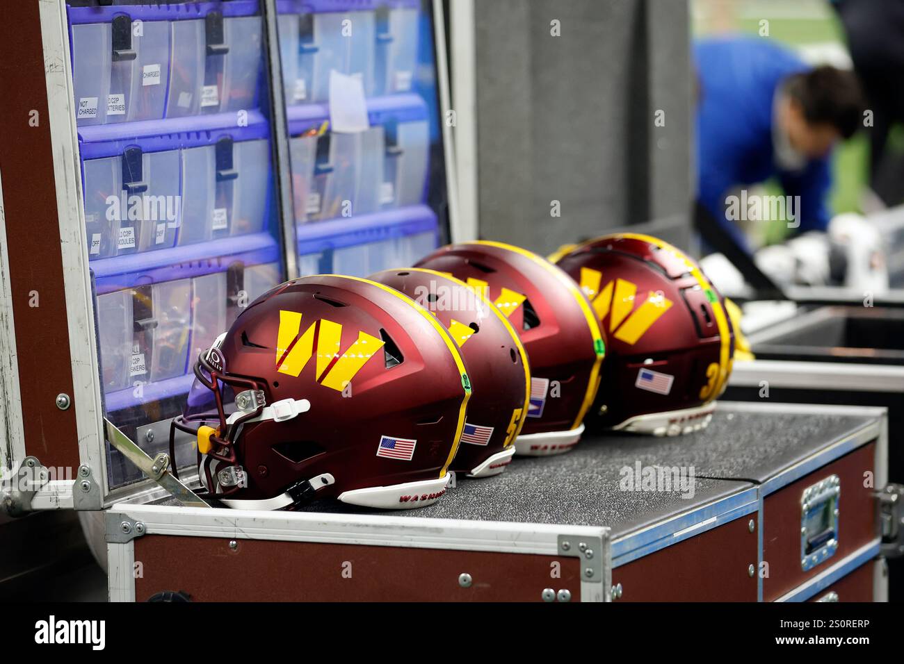 A detail view of Washington Commanders helmets are seen before an NFL ...