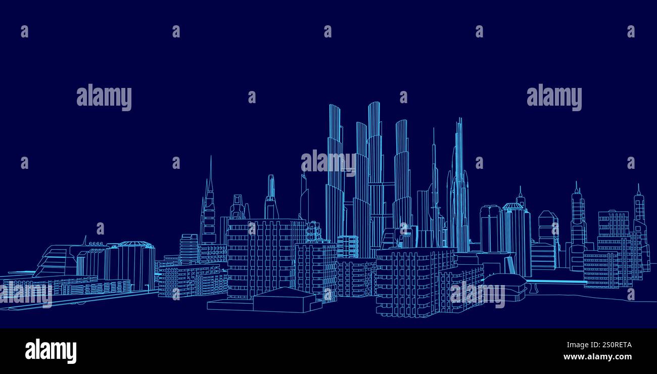 City skyline is shown in blue with tall buildings and a dark sky. The ...