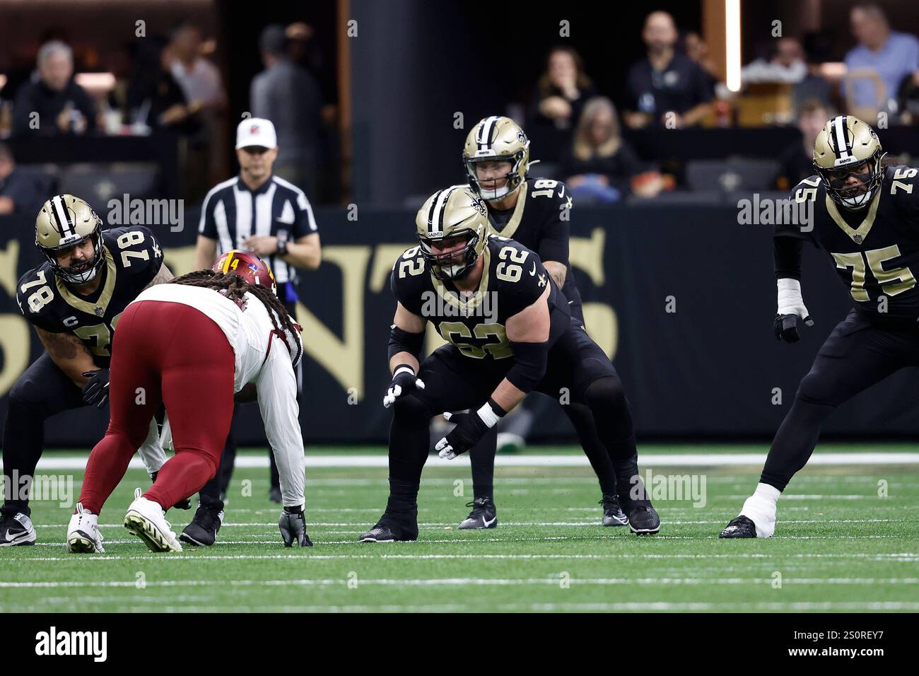 New Orleans Saints guard Lucas Patrick (62) defends during an NFL ...